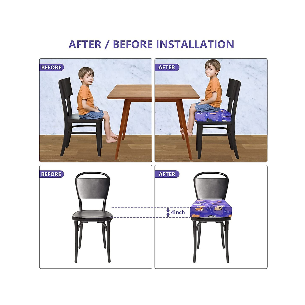 Toddler Booster Seat for Dining Table, KIDUN Portable Dining Chair Heightening Cushion, Washable Adjustable Booster Chair Increasing Cushion for Kids with Safety Buckles and Non-Slip. (Purple)