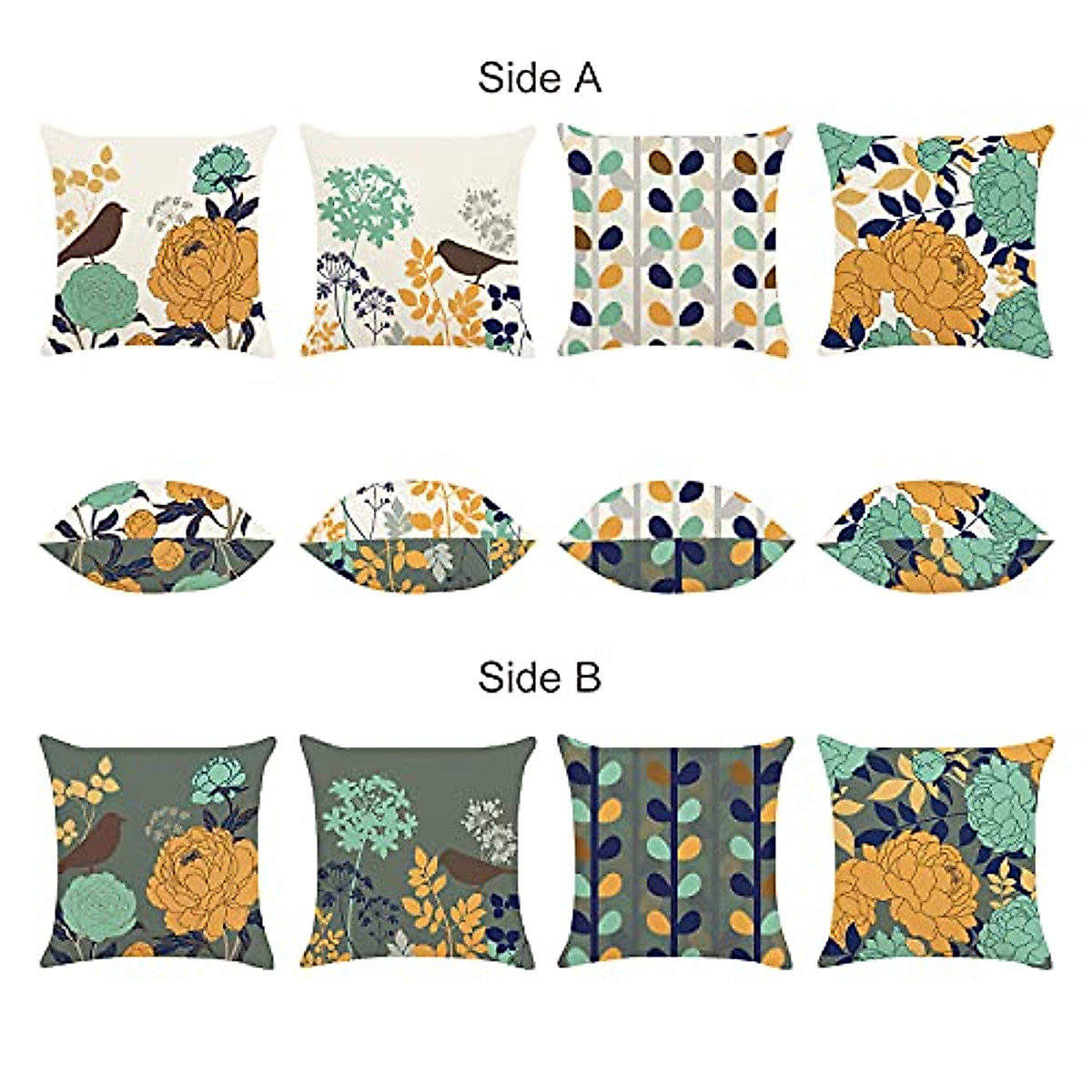 Bonhause Flower Bird Spring Throw Pillow Covers 18 x 18 Inch Set of 4 Blue and Yellow Floral Decorative Pillows Case Polyester Linen Outdoor Cushion Covers for Sofa Couch Garden Home Decor