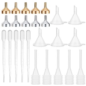 GORGECRAFT 25Pcs 5 Style Small Metal Funnels Essential Oil Funnel Kit and Dropper with Plastic Transfer Pipettes for Liquid Powder Transfer Filling Small Mini Bottles Or Containers Perfume
