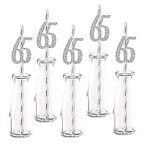 Silver Happy 65th Birthday Straw Decor, Silver Glitter 24pcs Cut-Out Number 65 Party Drinking Decorative Straws, Supplies
