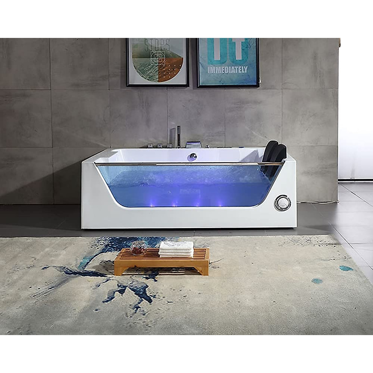 71" Acrylic Whirlpool Bathtub 2 Person, Alcove Soaking SPA Double Ended Tub Hydromassage Rectangular Water Jets with Computer Panel, Air Bubble, Light, UL Certified, White (Q411)