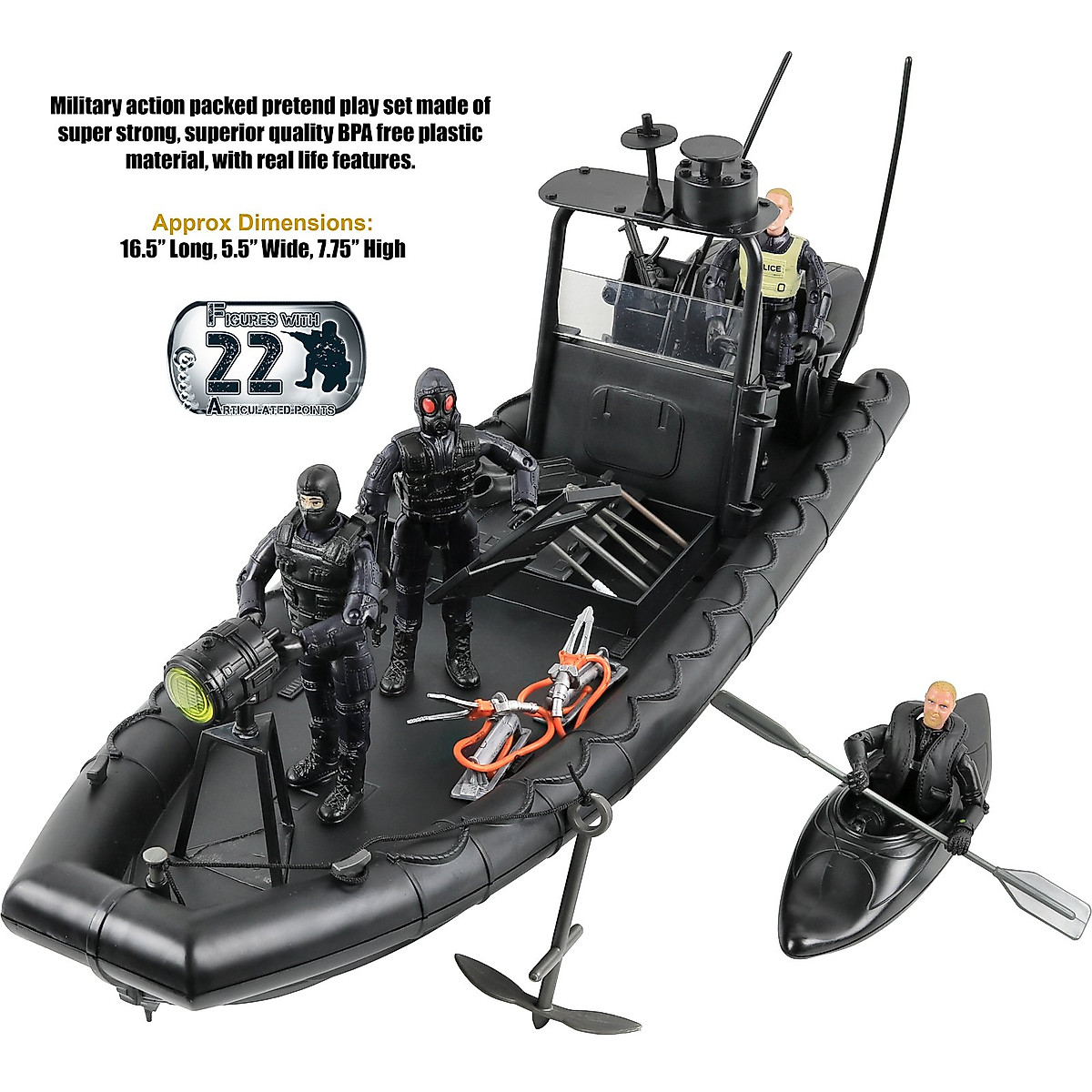 Click N’ Play Military Elite Swat Unit Force Patrol Dinghy Boat 25 Piece Play Set with Accessories - Click n Play Military Toy Boat - SWAT Toys