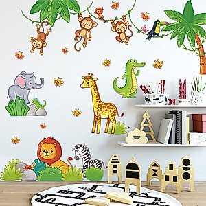 Supzone Jungle Animals Wall Sticker Cartoon Animal Wall Decal Monkey Giraffe Lion Zebra Elephant Wall Decor DIY Vinyl Mural Art for Kids Baby Nursery Bedroom Living Room Playroom