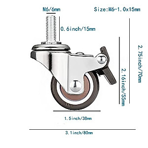 Stem Casters, 360 Degree Swivel Stem TPR Wheels with Metric M6-1.0x15mm Thread Rods Replacement Industrial Castors for Carts, Furniture, Dolly, Workbench (1.5 inch with Brakes)