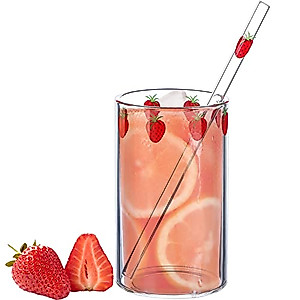 300ML Glass Cup with Straw, Clear Heat-Proof Water Cup Cute Strawberry Pattern Glasses Bottle for Water Milk Tea Home Office(1pcs)