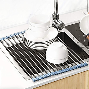 MECHEER Over The Sink Dish Drying Rack, Roll Up Dish Drying Rack Kitchen Dish Rack Stainless Steel Sink Drying Rack, Foldable Dish Drainer, Gray (17.5''x11.8'')