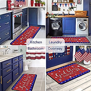 Protikol Fourth of July Kitchen Rugs Set 2 Pieces Independence Day Non Skid Kitchen Floor Rug and Mat Red Blue Kitchen Runner Rug Mat for Indoor Home Kitchen Decor 17"x47"+17"x30"
