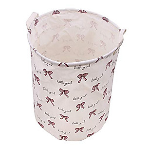 Jacone Large Laundry Basket Canvas Fabric Waterproof Cylindric Laundry Hamper Storage Basket with Handles, Decorative and Convenient for Kids Bedroom (Bowknot)