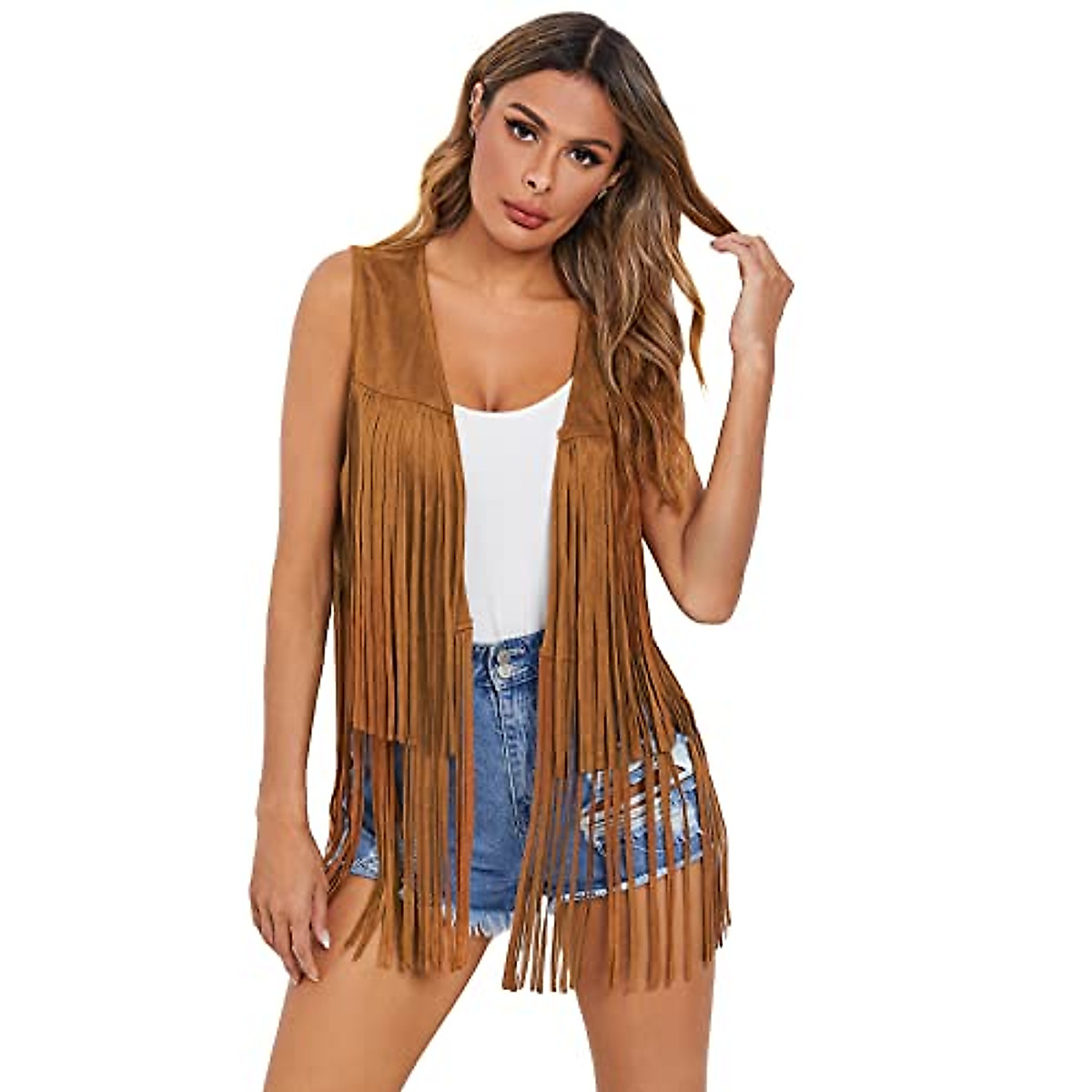 Verdusa Women's Tassel Sleeveless Vest 70s Hippie Faux Suede Fringe Jacket Cardigan Brown L