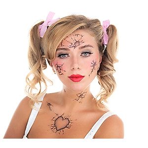 Tattoocrew 2 x Broken Doll Temporary Tattoo Halloween Costume for Men and Women, Adult, Face Sticker