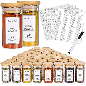 CUCUMI 36pcs Spice Containers with Bamboo Lids 4oz Glass Spice Jars with Labels and Chalk Marker, Seasoning Storage Containers for Spice Rack, Cabinet and Drawer