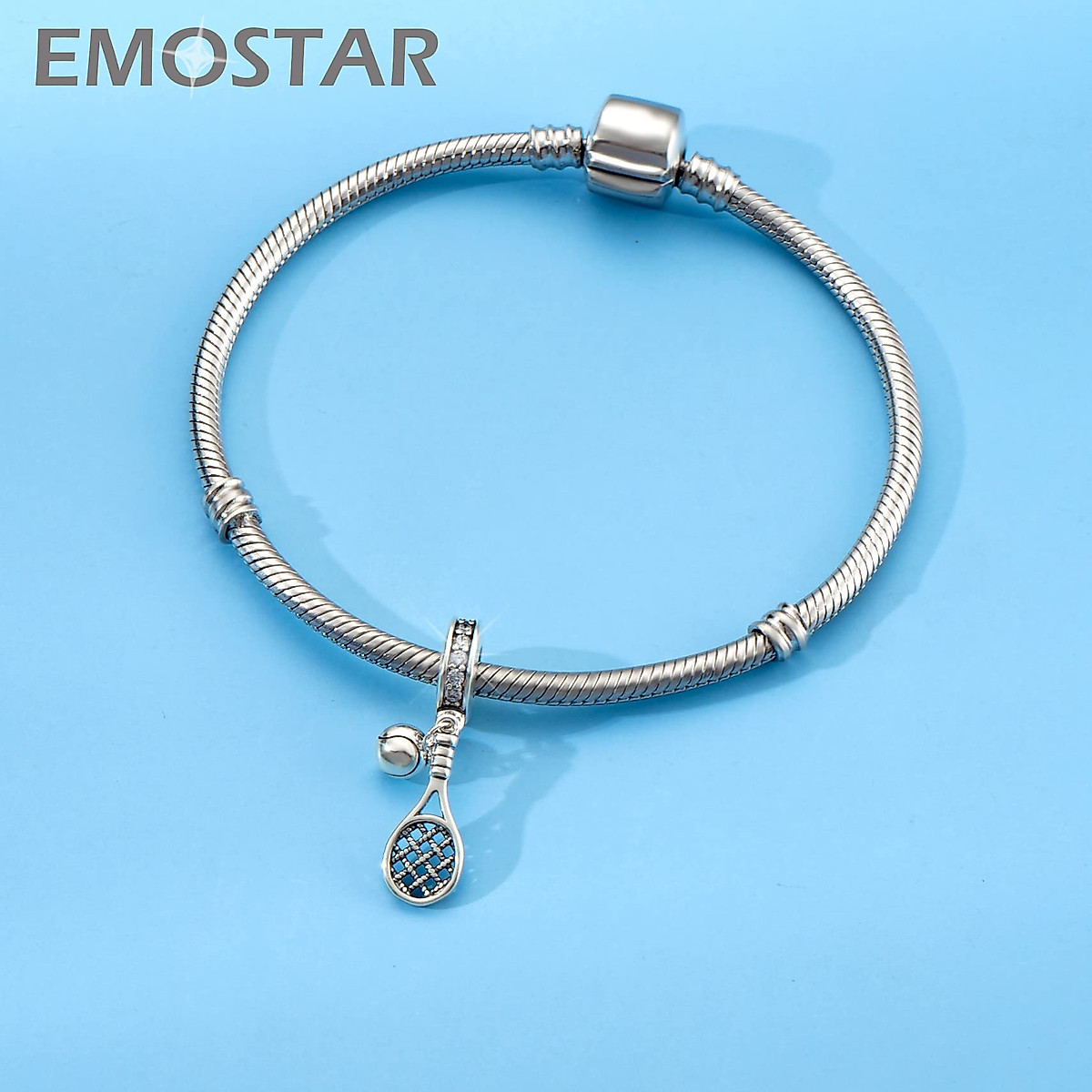 Tennis Ball and Racket Dangle Charms fits Pandora Sport Bracelet, 925 Sterling Silver Tennis Racquet Pendant Beads with CZ, Gift for Sister/Brother or Son/Daughter/Sport Lover