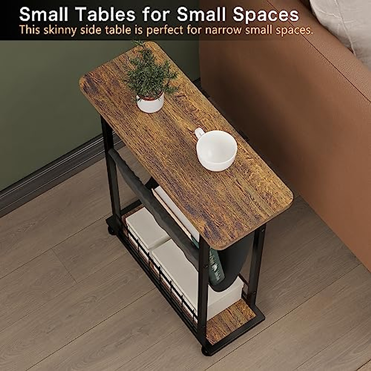Walmokid 3 Tier Side Table with Magazine Holder, Industrial End Table with Open Storage, Wooden Bedside Table, Nightstand for Living Room, Bedroom, Small Spaces, Easy Assembly, Rustic Brown