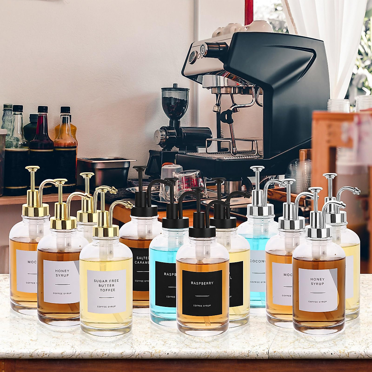 CNWSGEM Coffee Syrup Dispenser,Coffee Bar Accessories,4-Pack,16.9 Ounce,Syrup Dispenser for Coffee Bar,Syrup Dispenser with Pump,Contains Multi-style Labels, Cleaning Tools, Funnel,Pen