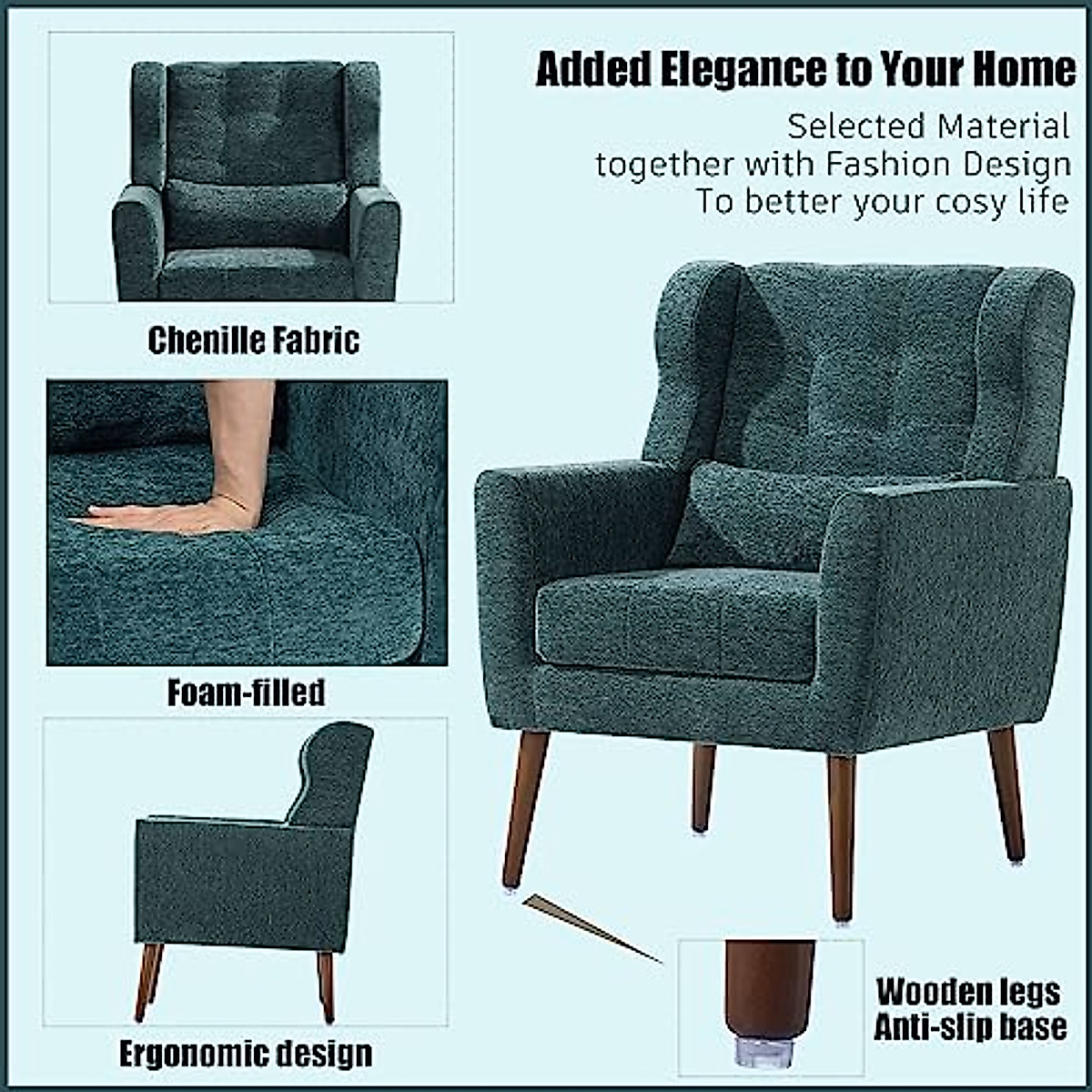Modern Accent Chair, Chenille Arm Chair Leisure Chair with Pillow Upholstered Comfy Reading Chair 1-Seat Cushioned Sofa with Solid Wood Legs for Living Room Bedroom Studio Balcony (Blackish Green)