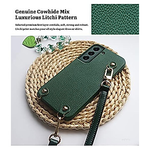 qichenlu Genuine Leather Crossbody Case Designed for Samsung Galaxy S22, Durable Cute Trendy Heart Cowhide Cover with Detachable & Adjustable Shouler Strap Neck Lanyard Chain, Black