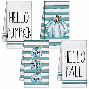 Peryiter 4 Pcs Valentine's Day Kitchen Towels Sets Hello Valentine Dish Towels, 16 x 24'' Gnomes Hearts Hand Towels Absorbent Fast Drying Cloth Tea Towels for Anniversary Wedding (Teal, Striped)