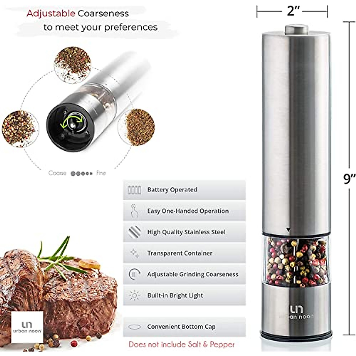 Electric Salt and Pepper Grinder Set - Battery Operated Stainless Steel Mill with Light (Pack of 2 Mills) - Automatic One Handed Operation - Electronic Adjustable Shakers - Ceramic Grinders