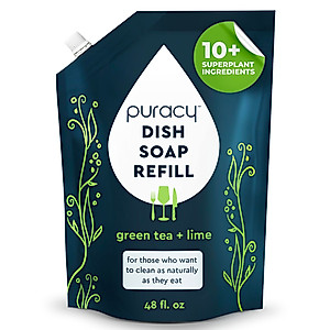Puracy Natural Dish Soap Refill - Skin-Softening Plant-Based Liquid Dishwashing Detergent Soap, Clean-Rinsing Water-Sheeting Formula (Green Tea & Lime, 48 fl oz)