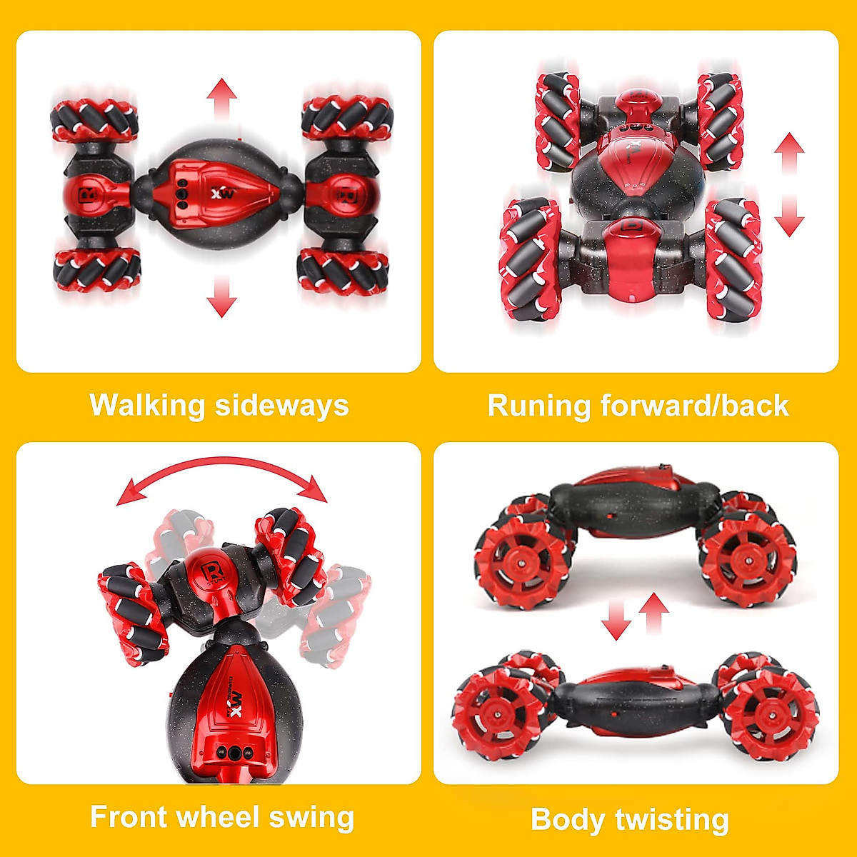 BIRANCO. RC Stunt Car Gesture Sensing - Christmas Red, 2.4GHz 4WD Hand Controlled Double Sided Remote Control Car with Music & Lights, Kids Toy, Gift Ideas for Boys Age 5-12 Years Old