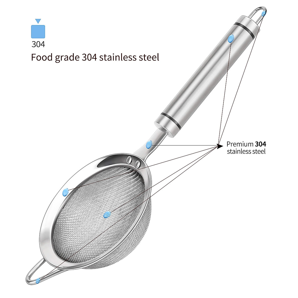 AOWOTO 3.35inch 304 Stainless Steel Fine Mesh Strainers for Kitchen, Colander-Skimmer with Handle, Metal Sieve Sifters for Food, Rice, Oil, Noodles, Fruits, Vegetable, Tea Strainer