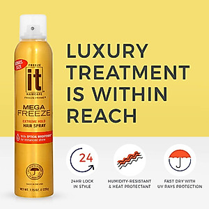 IT Haircare MEGA Freeze Extreme Hold Hair Spray | 7.75 Oz. | Vitamin B5 & Hydrolyzed Wheat Protein | Humidity Resistant | Optical Brighteners for Enhanced Shine | 24 Hour Hold Fast-Dry