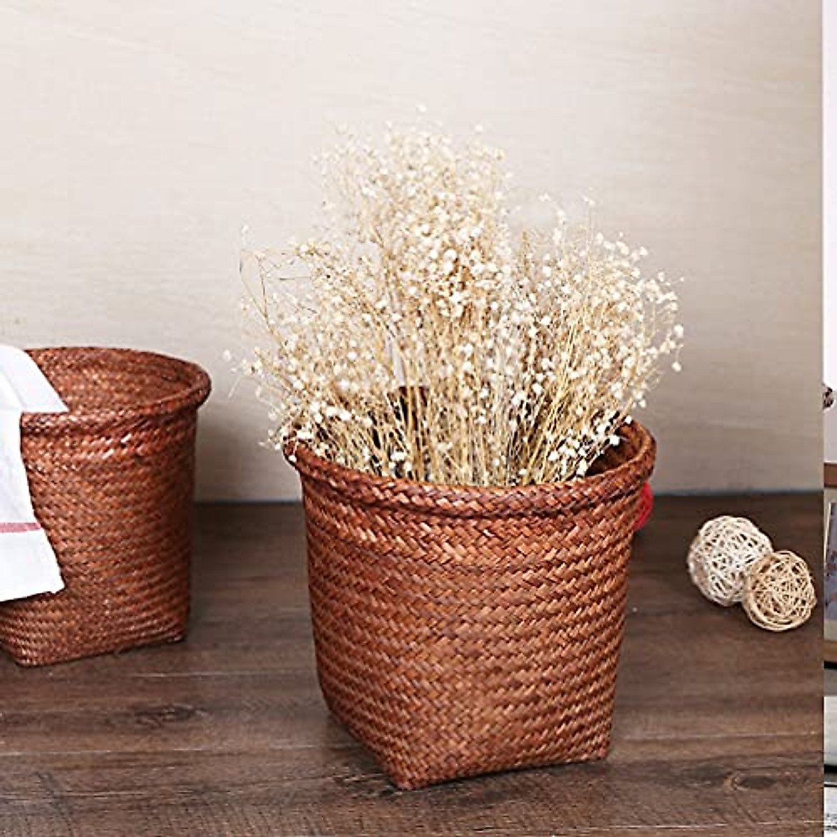 NUOBESTY Bamboo Trash can Straw Woven Rattan Paper Wastebasket Woven Storage Basket Vintage Waste Can Willow Laundry Basket Dirty Clothes Hamper for Bedroom Desktop Office S Bathroom Wastebasket