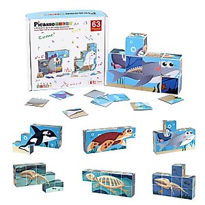 PicassoTiles 1” Magnetic Puzzle Cubes for Kids, 3D Sea Ocean Animal 63pcs Exploration Blocks, Kids Focus Learning & Stacking Toys, STEM Educational Preschool Toddler Classroom Activity, Boys Girls