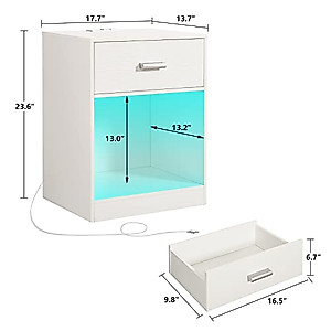 Quimoo Nightstand Set of 2, Night Stand with Charging Station and LED Light, Bedside Table with 1 Drawer, Modern Nightstand with 1 Open Storage Storage for Living Room,White