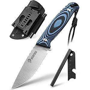 NedFoss Hyenas Bushcraft Knife with Fire Starter, 3.5" 440C Steel Camping Knife with Kydex Sheath, Blue G10 Handle for Outdoor, TAC, Gift