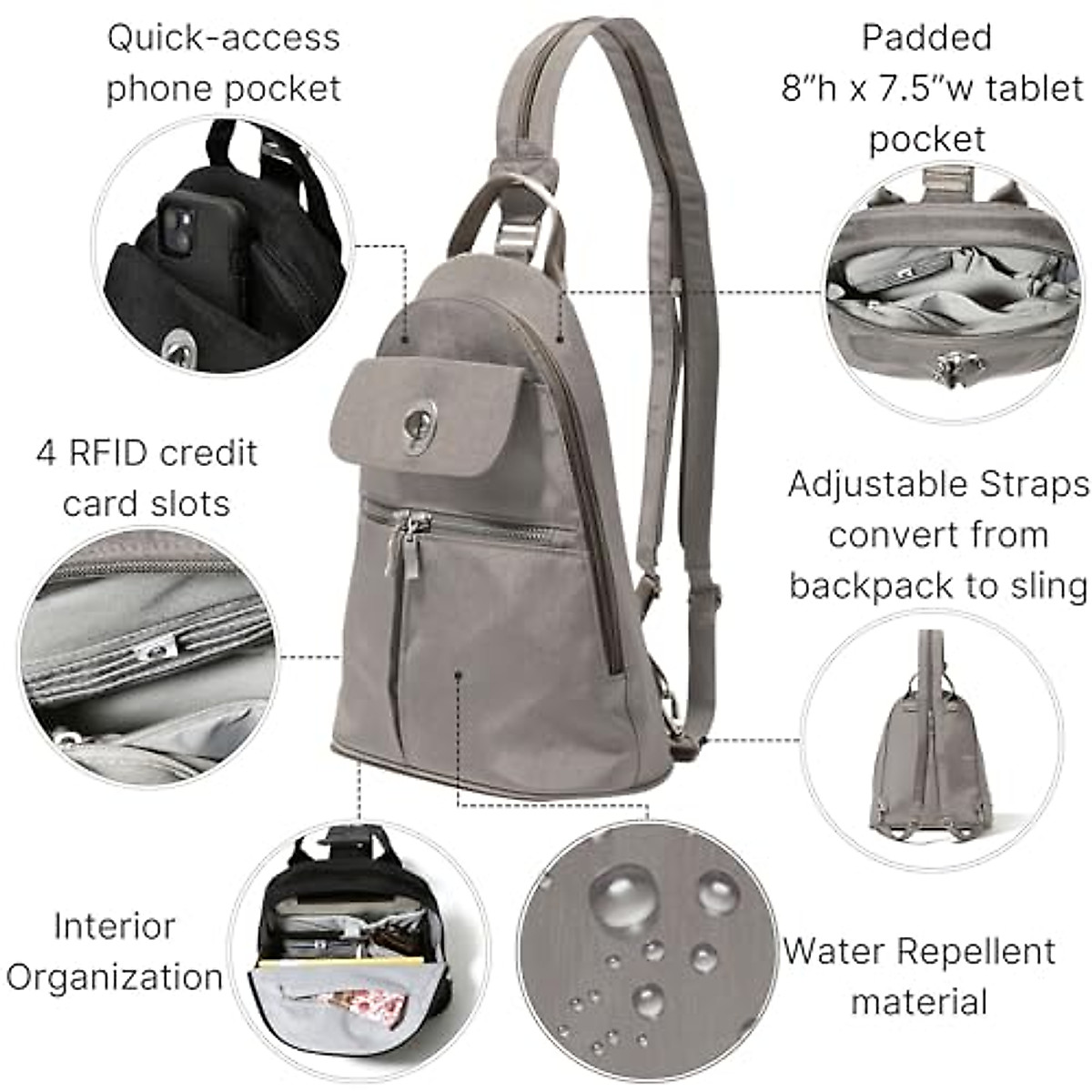 Baggallini Naples Convertible Small Daypack Sling Crossbody, Sterling Shimmer