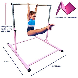 Kids Expandable Kip Bar with Tumble Mat Professional Horizontal Gymnastics Asymmetric Bar 4x6 FT Mat Jungle Gym Height Adjustable 3 to 5 FT Pink