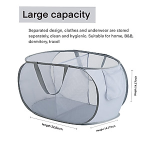 Foldable Laundry Basket, Popup and Collapsible, Durable Mesh Material, 2 Compartments-Folds for Storage, Reinforced Carry Handles. Great Hamper for College Dorm, Laundry Room or Travel Grey 75L