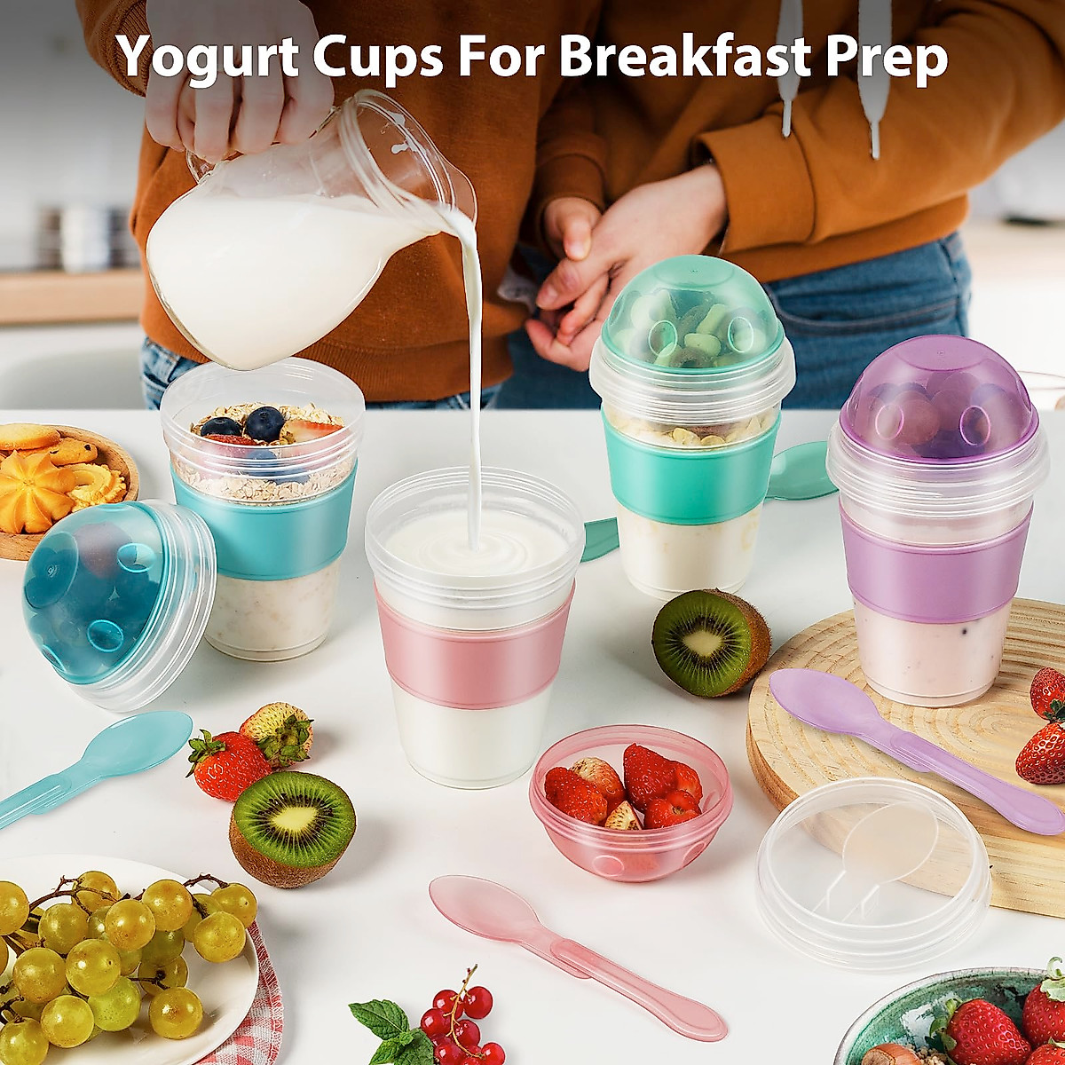 Freshmage Yogurt Parfait Cups with Lids, 2 Pack 20 oz Reusable Overnight Oats Containers with Lids, Topping Compartment & Spoon to Go for Breakfast Meal Prep, Portable & Lightweight (Blue&Green)