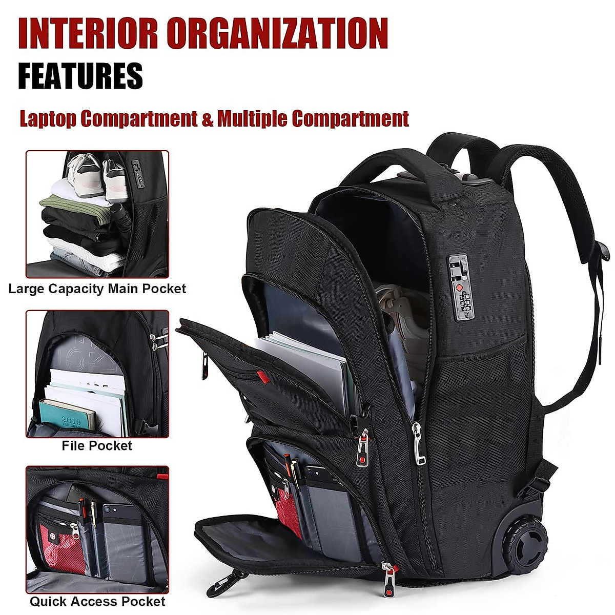 star cloud 21x14x9 Rolling Backpack with Wheels - Water-Resistant, 17.3" Laptop Compartment, Ideal Carry-On for Overnight Travel, College, Work - Wheeled Business Backpack for Adults…