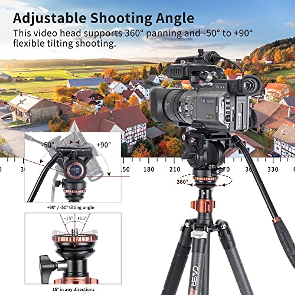Cayer CF2451 Video Tripod 77 inches Carbon Fiber Tripod Leg with Fluid Drag Head, 4-Section Compact DSLR Tripod Convertible to Monopod for DSLR Camera, Video Camcorder
