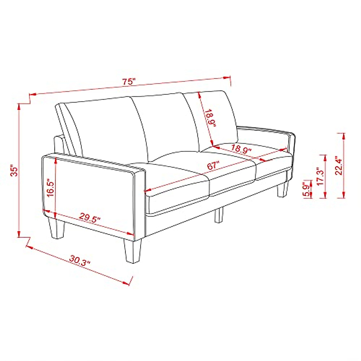 Tmosi Modern Upholstered Sofa Couch,3-Seat Couch with Removable Backrest Pillows for Small Spaces,2 Seater Sofa for Bedroom, Apartment,Living Room,Office (Polyester)
