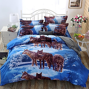 Heave Wolf Duvet Cover Set Queen Size Wolf Printed Bed Set with Sheet and 2 Pillow Covers Manly Bedding 4pcs