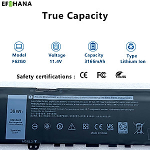 EFOHANA 39DY5 F62G0 Laptop Battery Replacement for Dell Inspiron 13 7373 7386 2-in-1 7370 7000 7380 5370 P83G P91G P83G001 Vostro 13 5370 0F62G0 RPJC3 0RPJC3 039DY5 F62GO 11.4V 38Wh 3166mAh 3-Cells