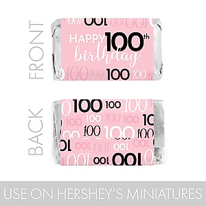 DISTINCTIVS Pink, Black, and White 100th Birthday Party Mini Candy Bar Wrappers - 45 Count - Pink Birthday Decorations for Women