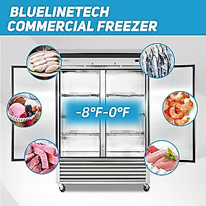 Bluelinetech 54" Commercial Freezer 2 Solid Door, 47.3 cu. ft Smart Temperature Control Stainless Steel Reach-in Upright Commercial Freezer for Commercial Kitchen, Restuarant, Bar, Shop, etc