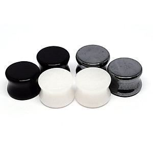 Mystic Metals Body Jewelry Set of 3 Pairs Stone Plugs - 7/16" - 11mm - (Black Agate, White Jade, Hematite) - Sold As a Pair