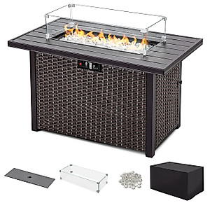 Nuu Garden Outdoor 43-inch 50,000 BTU Propane Gas Fire Pit Table, Aluminum Tabletop and PE Rattan Weaved Steel Frame, Water-Proof Oxford Cover, Glass Fire Pit Wind Guard, Glass Beads, Lid, Dark Brown