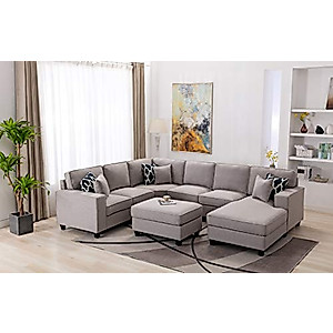Legend Vansen Linen-Like Fabric Flexible Combination Loose Back Cushions Wooden Legs Modular Seating Component Ottoman Sectional, 124", Light Grey