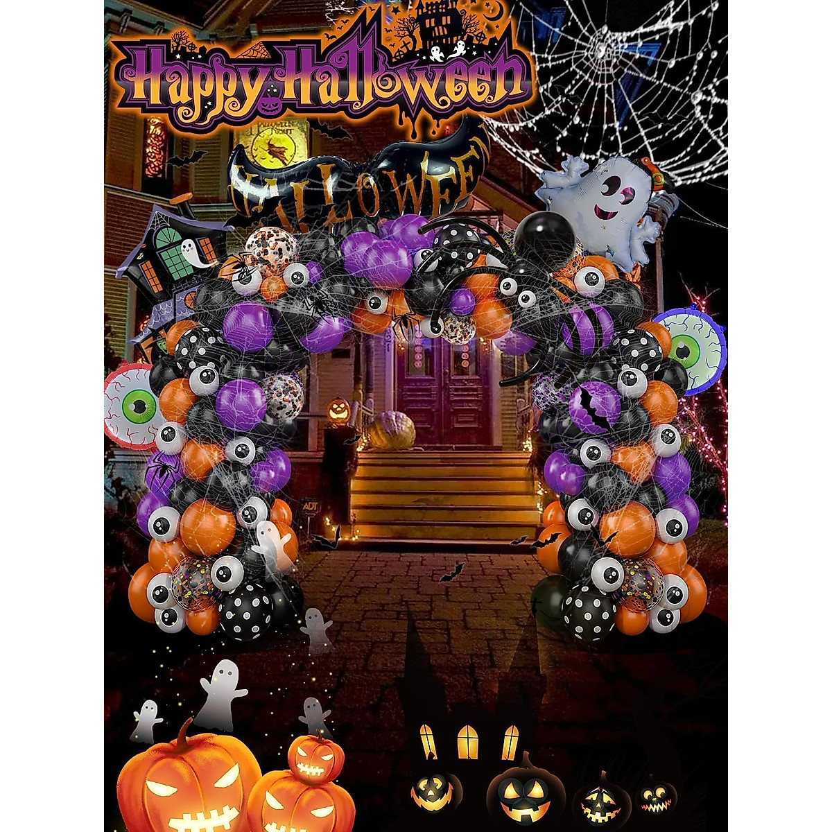 187Pcs Halloween Balloons Arch Garland Kit, 12 Inches Black Orange Purple Halloween Balloons Ghost Eyes House Spider Web Bat Decorations Inflatable Foil Balloon, Indoor Outdoor Halloween Decor Party