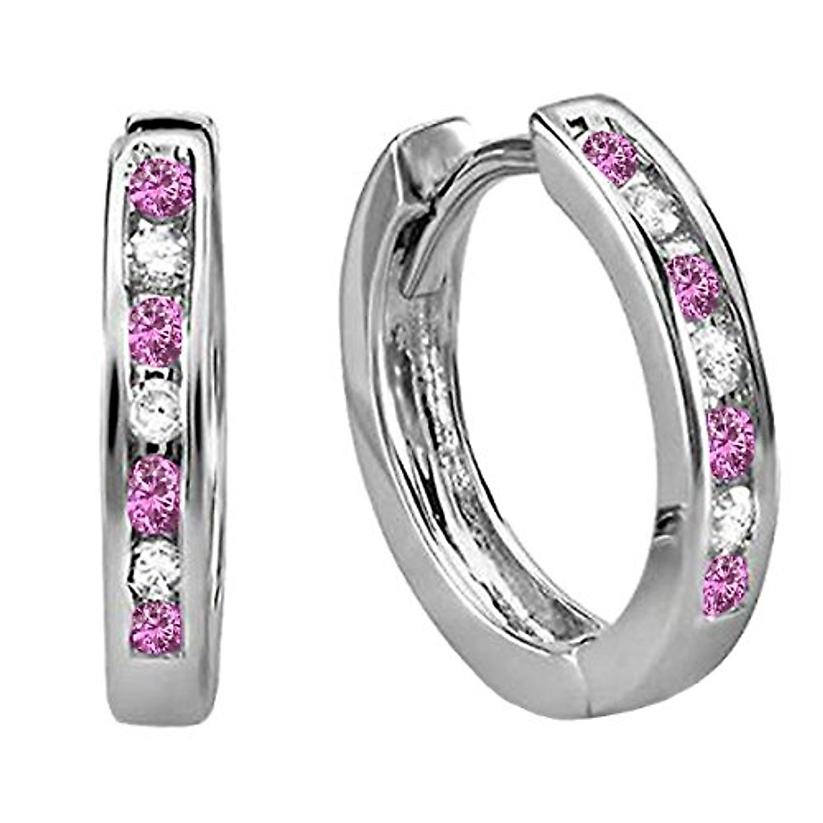 Dazzlingrock Collection 10k Small Round White Diamond & Pink Sapphire Huggie Hoop Earrings 1/5 CT, White Gold