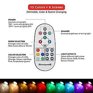Honeywell 24FT Linkable Water Resistant LED Indoor Outdoor Color Changing String Light with Remote Control, Commercial Grade Patio Lights with 8 Plastic E26 Bulbs Create Cafe Ambience in Your Backyard