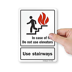SmartSign (Pack of 4) 7 x 5 inch “in Case of Fire Do Not Use Elevators, Use Stairways” Sticker Labels with Symbol, 5 mil Laminated Polyester with SuperStick Adhesive, Red, Black and White