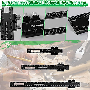 Woodworking Ruler Precision Pocket Rule - 12, 8, 6 Inch Metal Slide Stop Marking Ruler Metric Inch Measuring Wood Working Scribing Rulers Measure Tools - Engineers Woodwork Adjustable Sliding Ruler