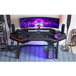 CubiCubi Battleship Gaming Desk 63 inch Gamer Workstation, Home Computer Carbon Fiber Surface Gaming Desk PC Table with Cable Tray and Headphone Hook